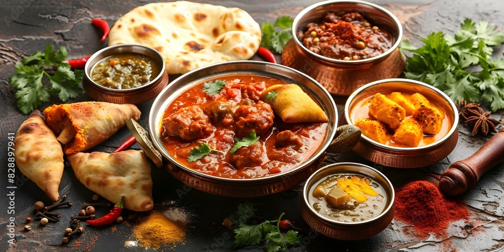 Homely Indian table with curry naan samosa tandoori chutney and spices ...