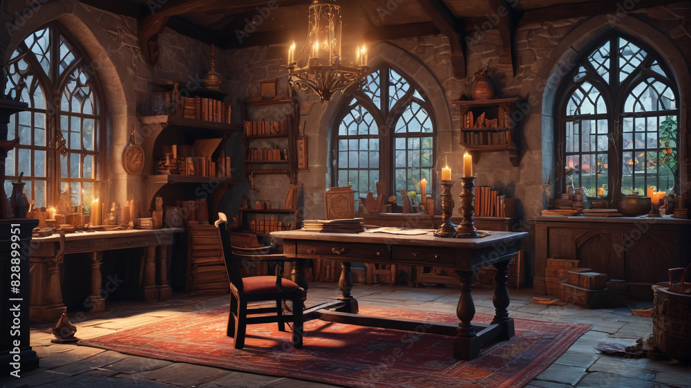 Magic wizard school room set in a medieval house, depicted in a cartoon ...