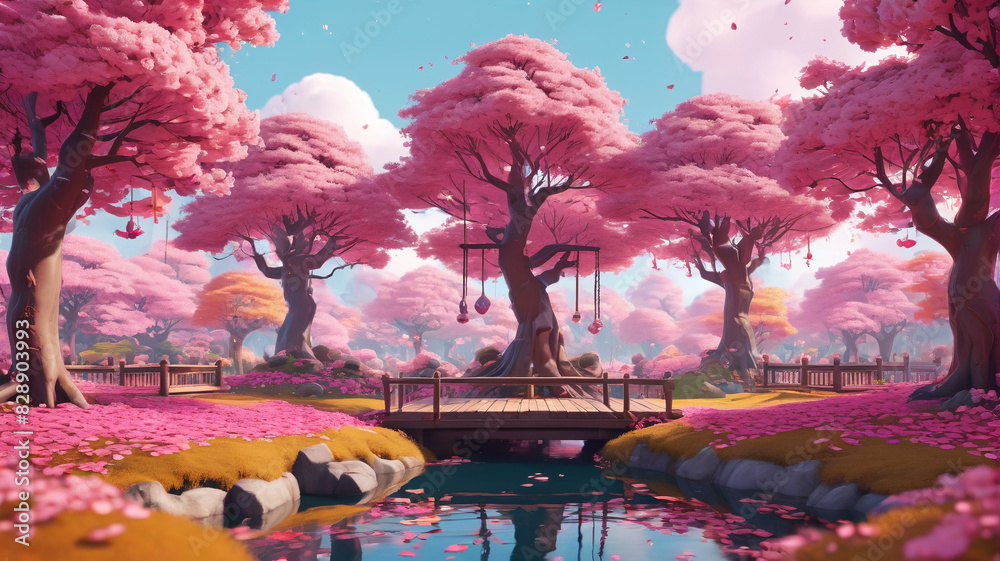 Pink forest game background with floating platforms depicted in a ...