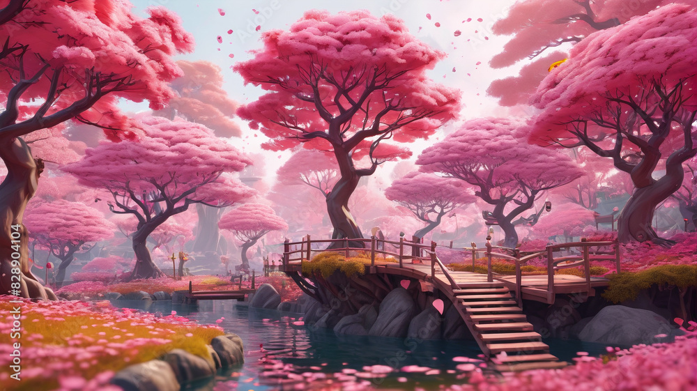 Pink forest game background with floating platforms depicted in a ...