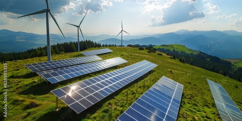 Solar panels and wind turbines in a scenic landscape, showcasing renewable energy sources. solar ...