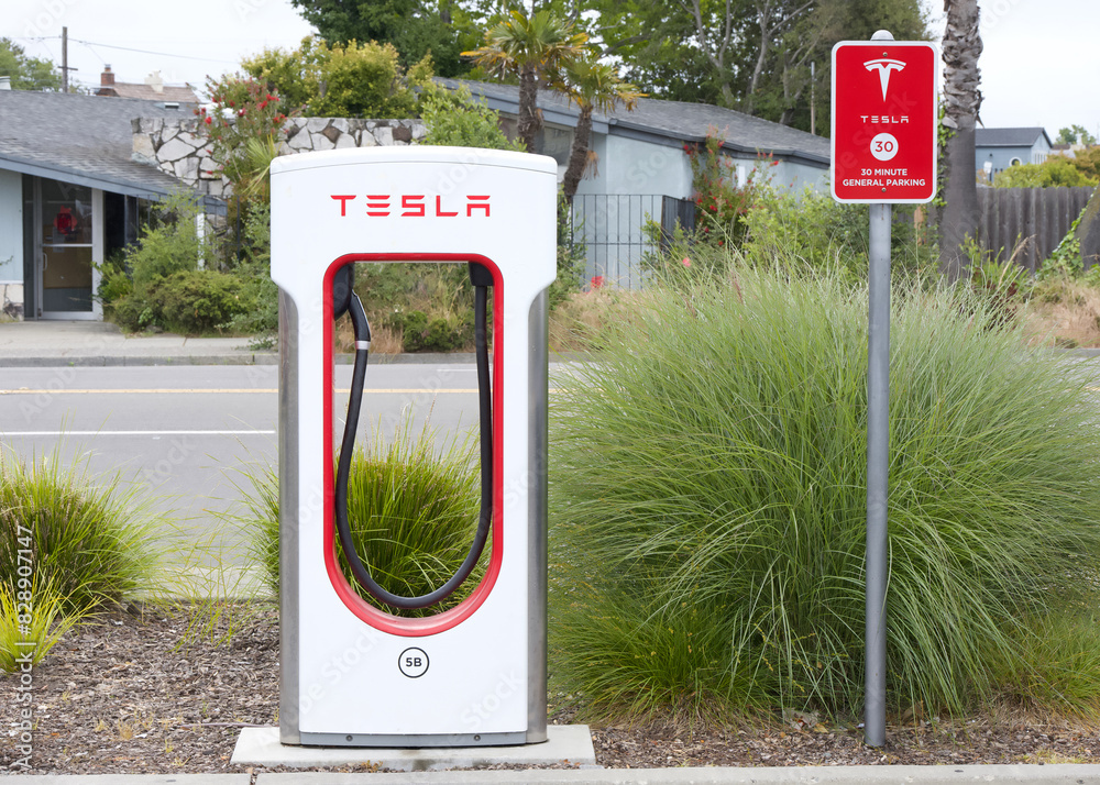 Alameda, CA - May 25, 2024: Close up on Tesla Supercharging station ...