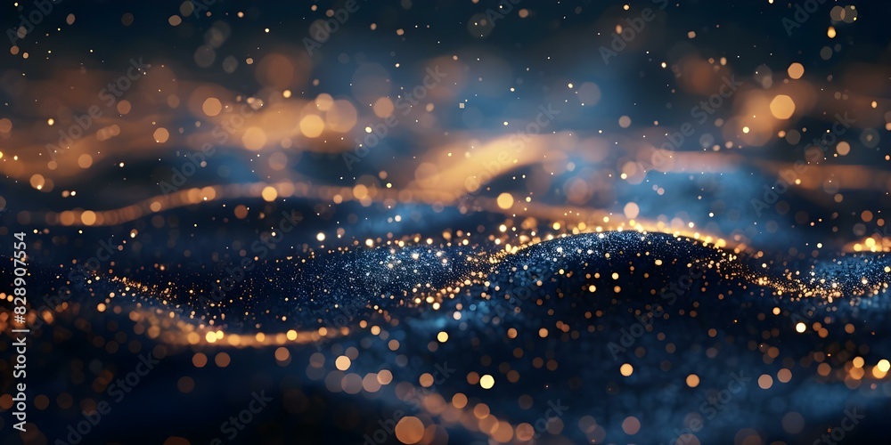 Golden light particles on a navy blue abstract background with black ...