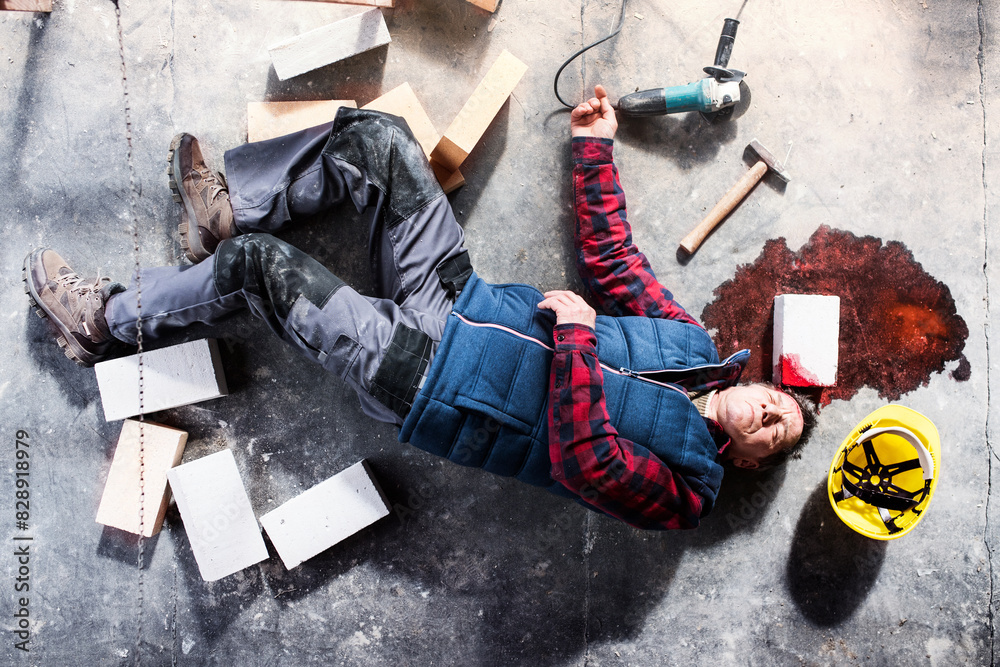 An unconscious man worker lying on the floor after a head injury. Work ...