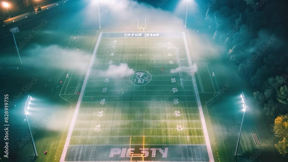 An aerial view of a football field at night brightly lit up by stadium ...