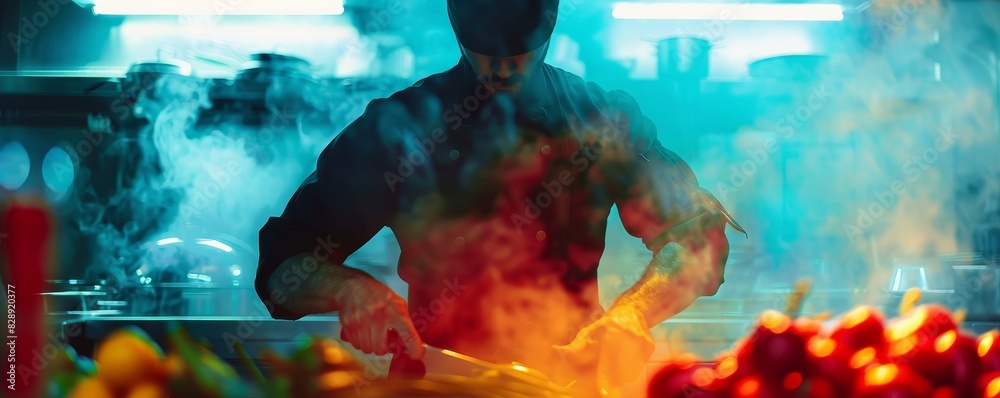 Chef working in a professional kitchen with flames and steam, preparing ...