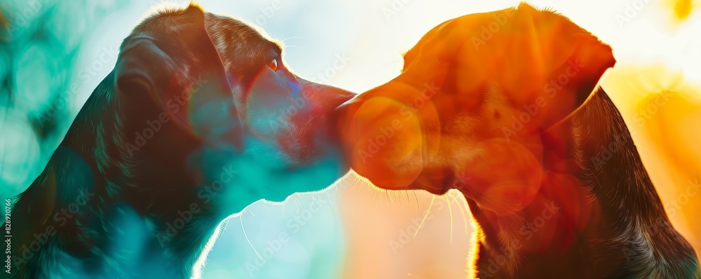Silhouette of two dogs touching noses at sunset, bathed in vibrant ...