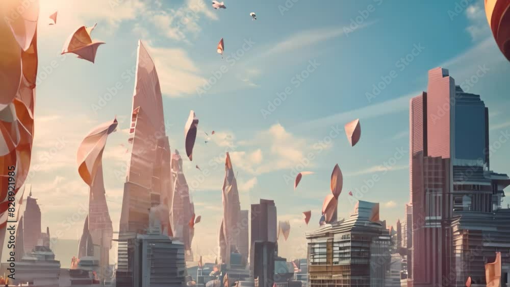 A futuristic cityscape with numerous flags flying in the air, adding a ...