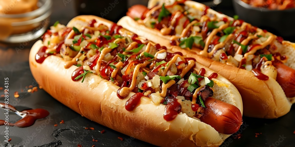 Loaded Danish hot dog presented on a stylish black background. Concept ...