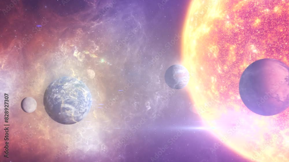 Solar System with eight planets, large sun and asteroid fields 3d ...