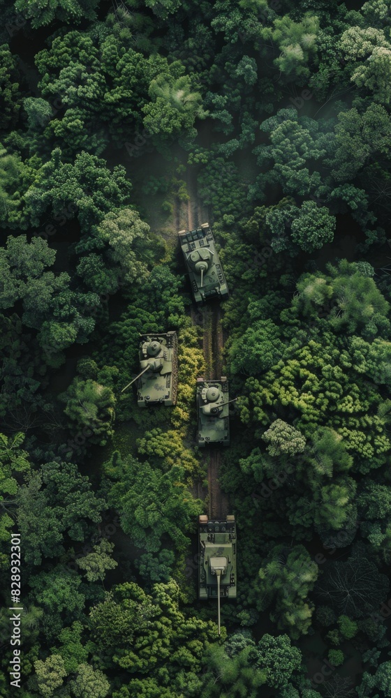 An aerial view of an Military tank M1 Abrams column moving through a ...