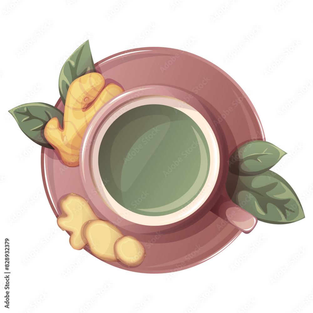 Green tea with ginger in cup. Illustration for tea shop, cafe, bar ...