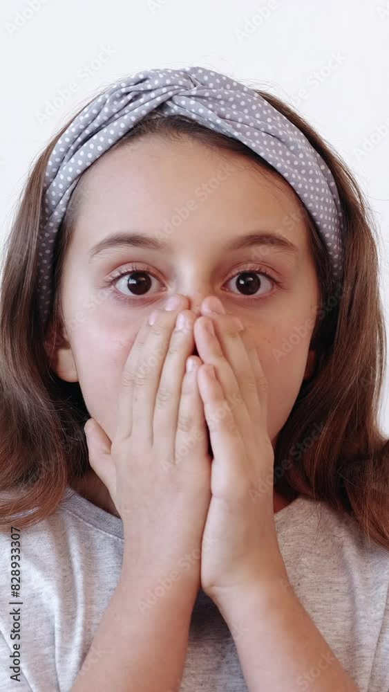 Vertical video. Scared child. Kid fear. Frightened afraid little girl ...