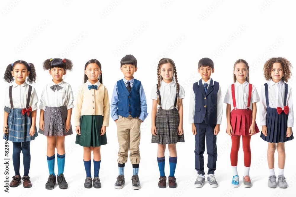Collage of children in different school uniforms on white background ...