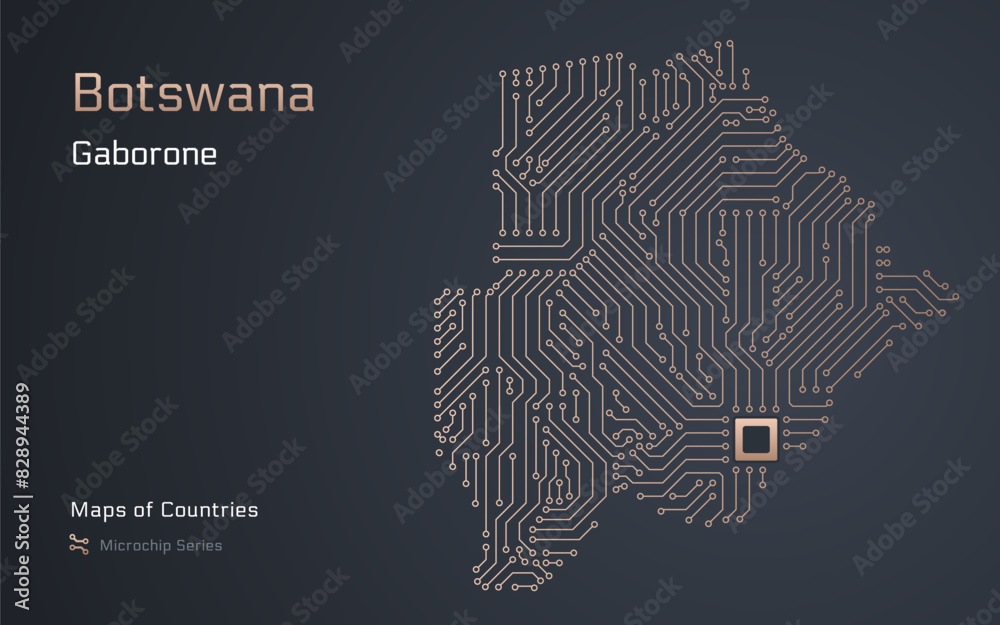 Botswana Map with a capital of Gaborone Shown in a Microchip Pattern ...