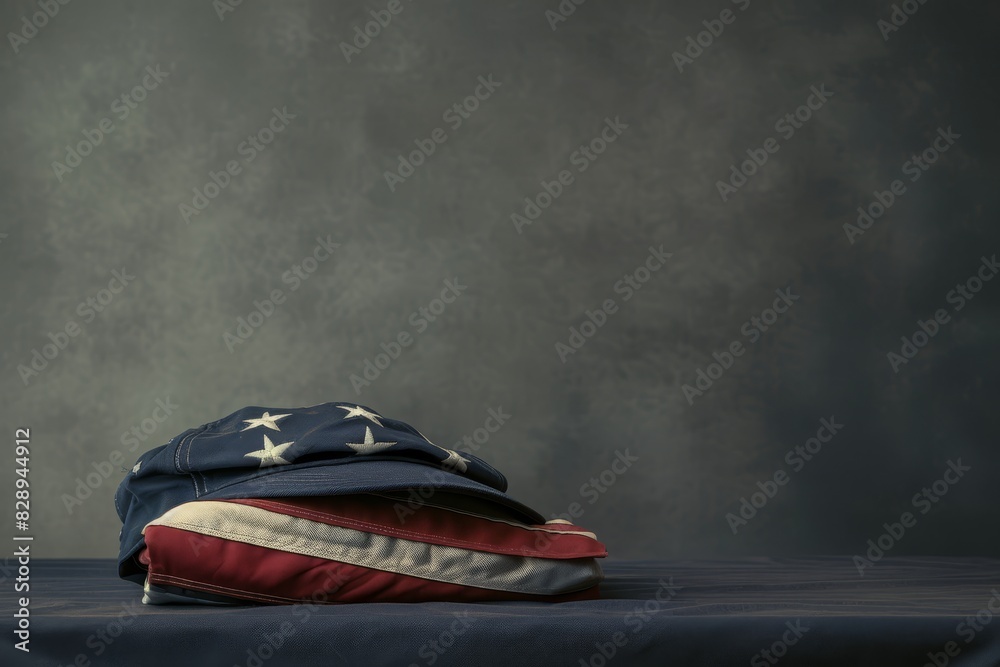 Honoring the fallen soldiers with a folded American flag and cap, in a ...