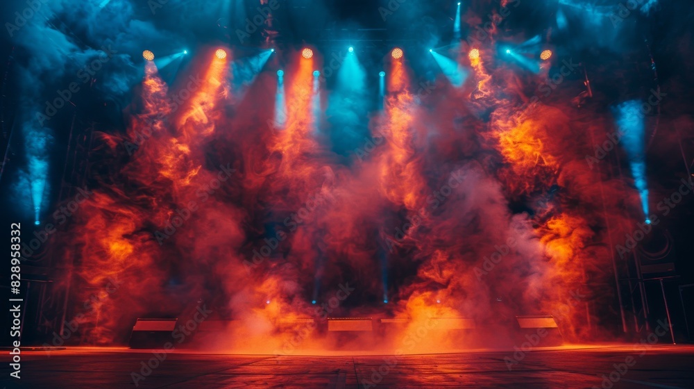 The stage presents a dramatic effect with massive smoke and flames ...