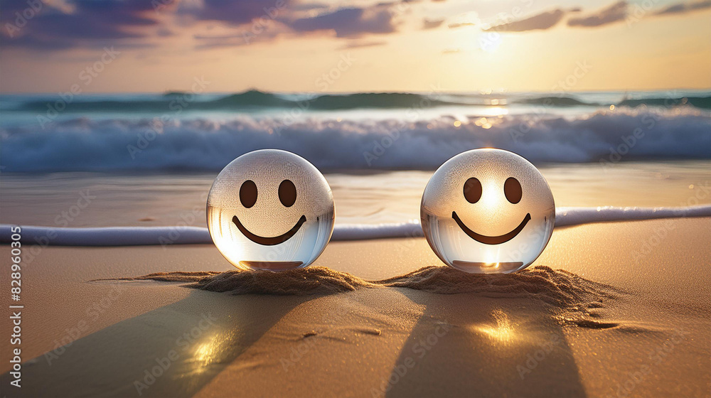 Two glass spheres with emoji faces resting on a sandy beach at sunset ...