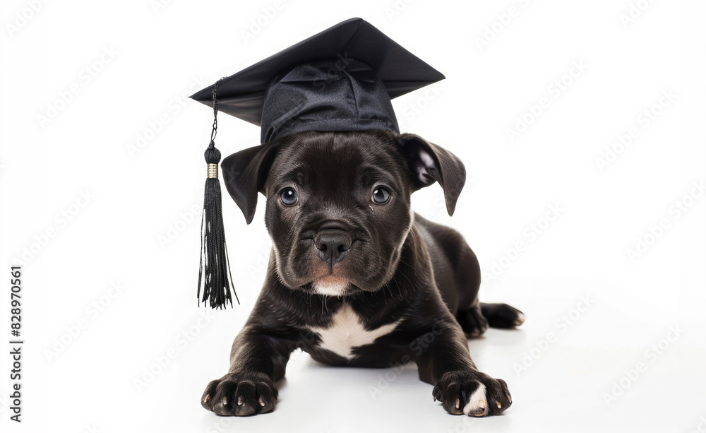 Black american bulldog puppy wearing black graduation cap in center of ...