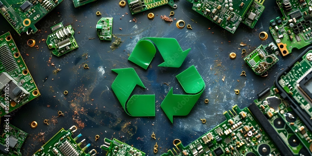 Electronic waste with green recycle symbol emphasizes importance of ...