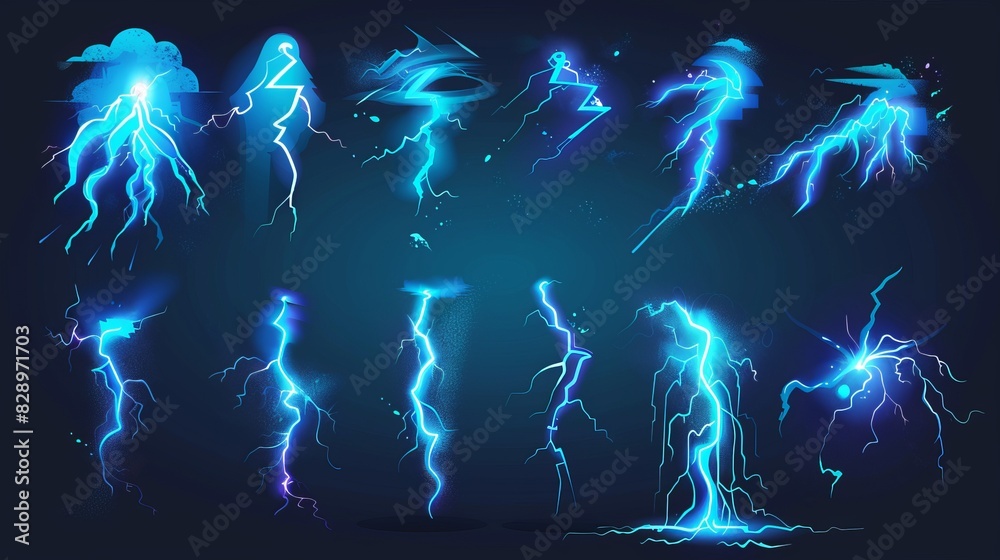 Animated cartoon lightning sprite. Blue vector thunderbolts strike in a sequence of frames for a ...
