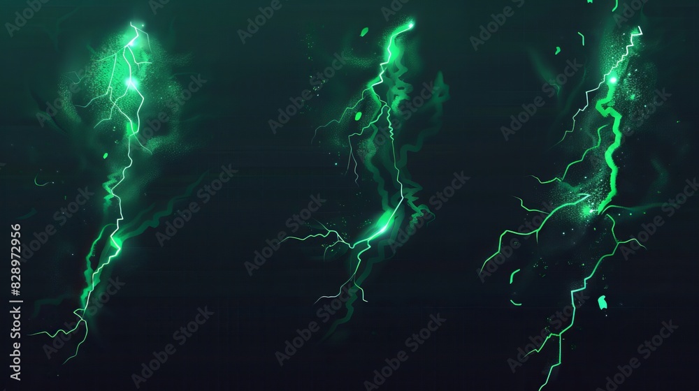 Green lightnings, electric strikes, thunderbolt discharges isolated on ...
