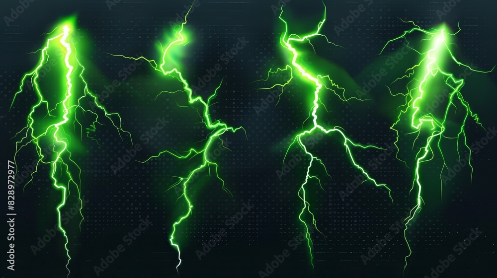 Green lightnings, electric strikes, thunderbolt discharges isolated on ...
