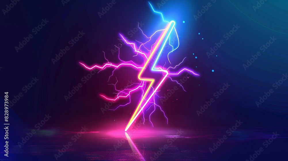 Neon lightning bolt icon. Glowing neon thunder flash sign, electrical ...