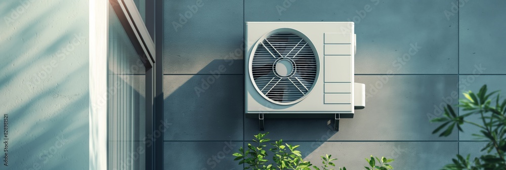 External unit of an air conditioner attached to the modern building ...
