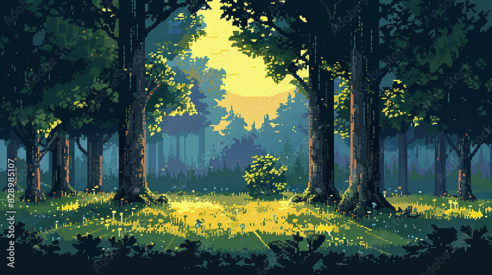 2d pixel art of forest , sunrise in forest, game art, 16 bits, 32 bits ...