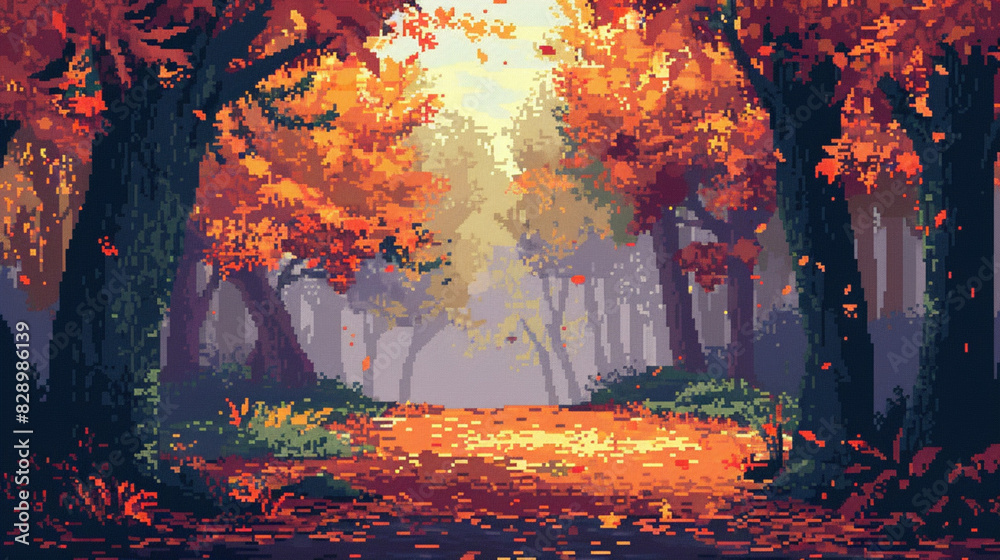 2d pixel art of autumn forest, wild, falling leaf , game art, 16 bits ...