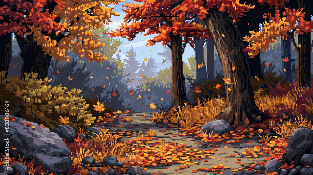 2d pixel art of autumn forest, wild, falling leaf , game art, 16 bits ...