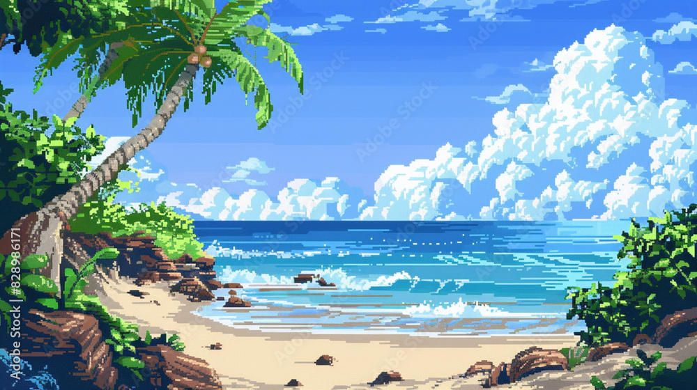 2d pixel art of beach with blue sky, coconut tree, game art, 16 bits ...