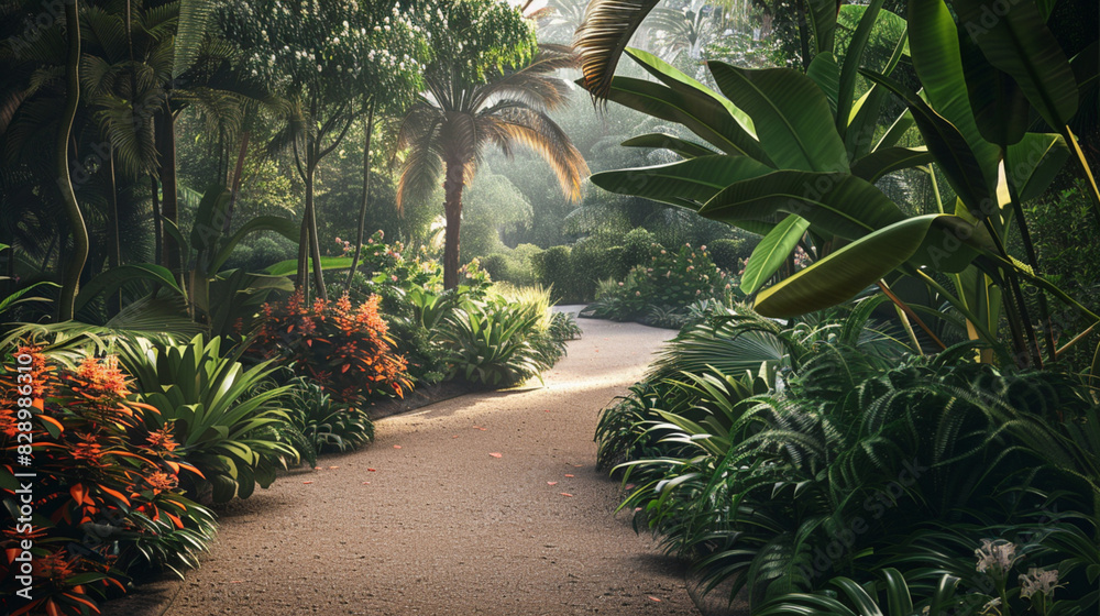 pathway with tree and foliage, safari park path, natural decoration ...