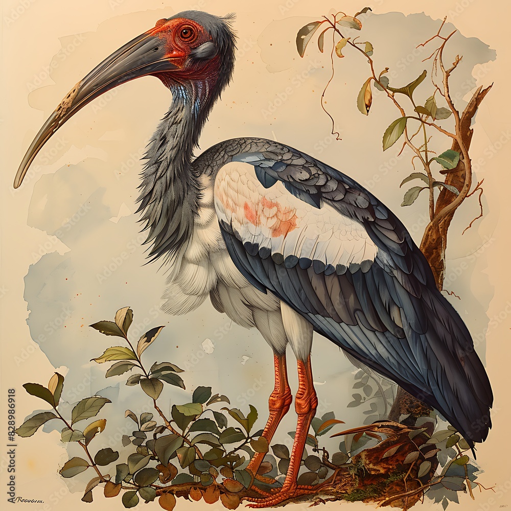 adult female Runion Ibis Threskiornis solitarius with white and gray ...