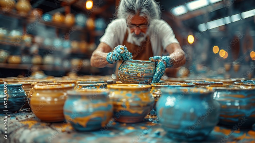 Close-up of a potter's hands applying bright glaze to a ceramic piece ...