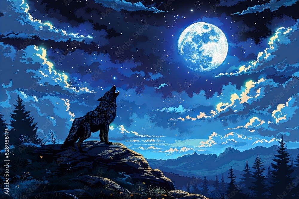 Wolf howling at the moon and moonlight with clouds on a mountain for ...