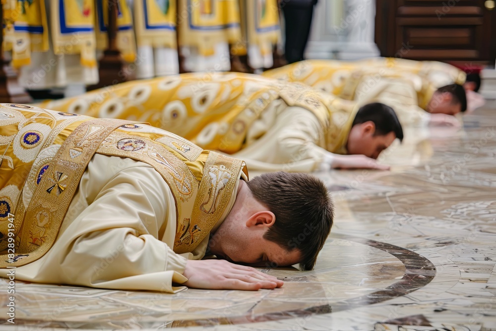 Catholic priests lying face down during the ordination ceremony. Stock ...
