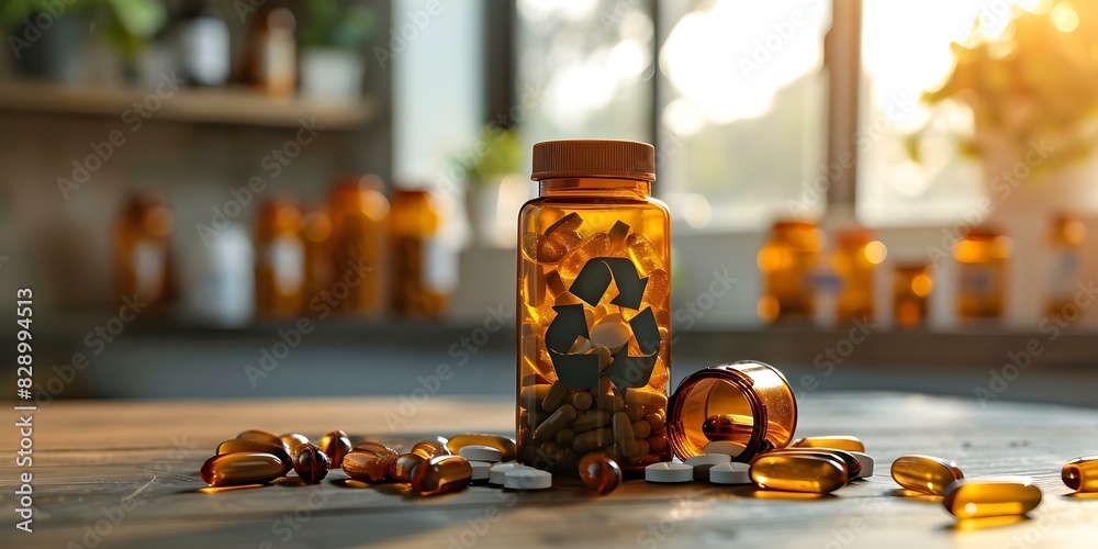 Ecofriendly pill bottle with recycling symbol promotes proper medical ...