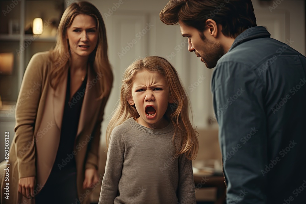 crying child with parents arguing in the background. The image tells a ...