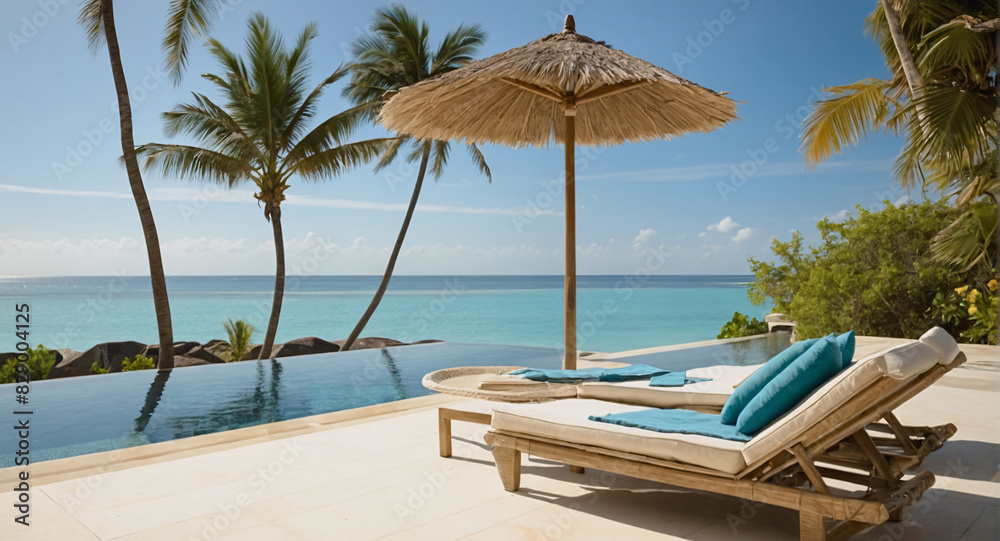 Pool lounge chairs and umbrella at luxury tropical hotel resort. Empty ...