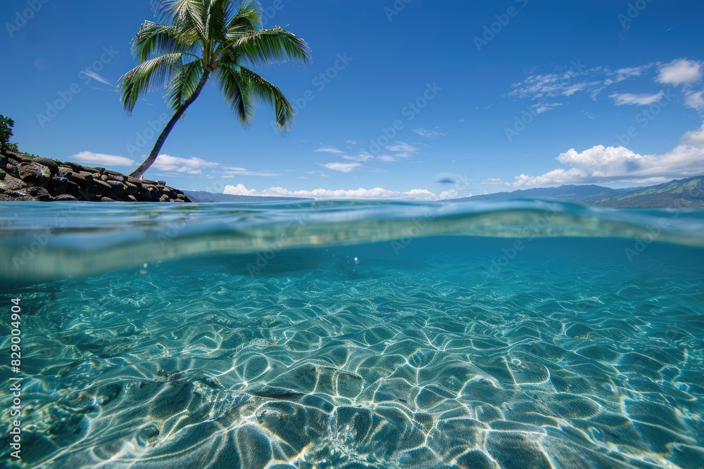 Color Image of Hawaii Ocean. Split Level View of Waimea with Clear Blue ...