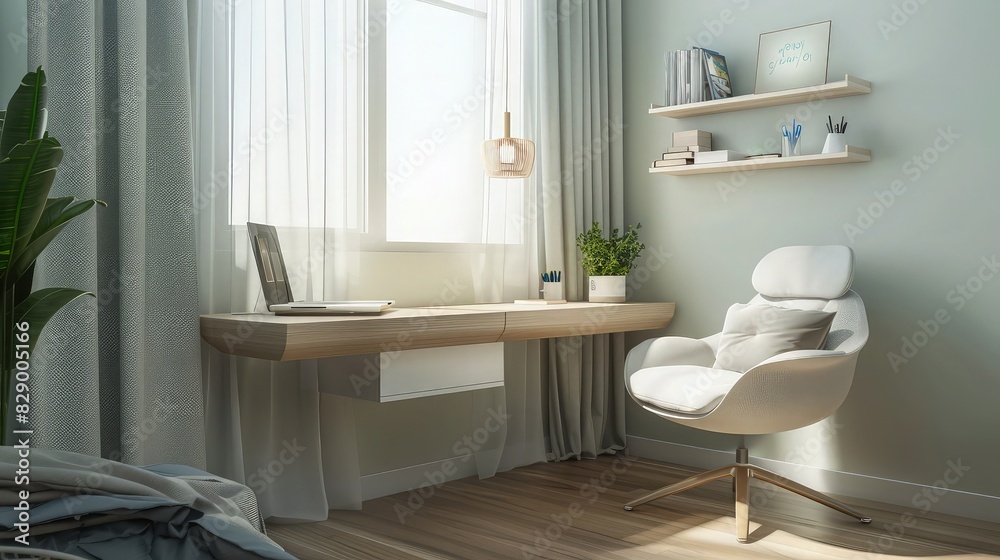 A serene study area with a floating desk, ergonomic seating, and a soft ...
