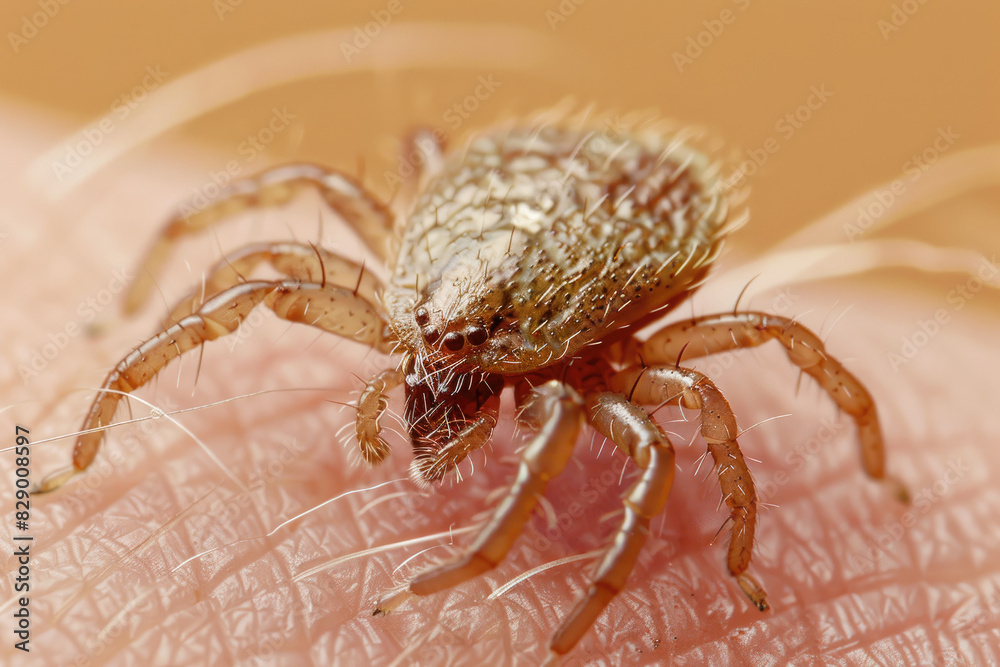 Tick on human skin closeup, macro view of black mite on body, insect ...