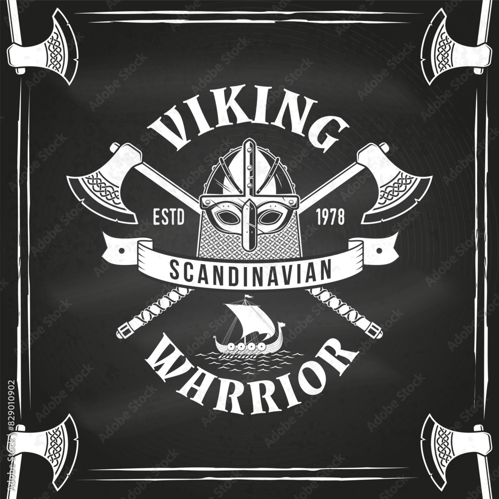 Viking warrior logo, badge, sticker on the chalkboard. Vector ...