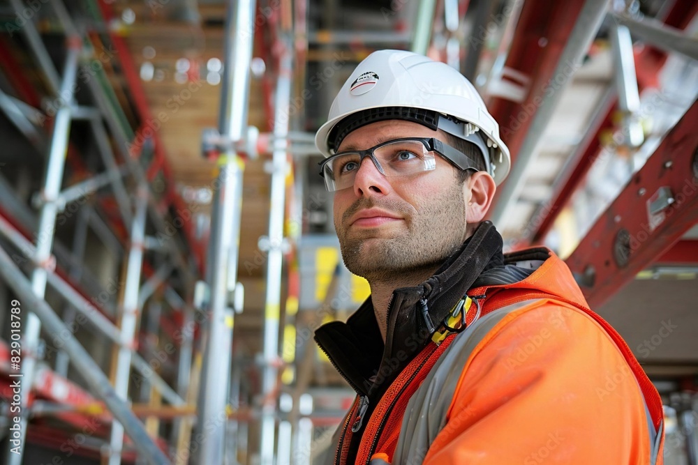 Full body photo of male Caucasian inspector inspecting scaffolding and ...