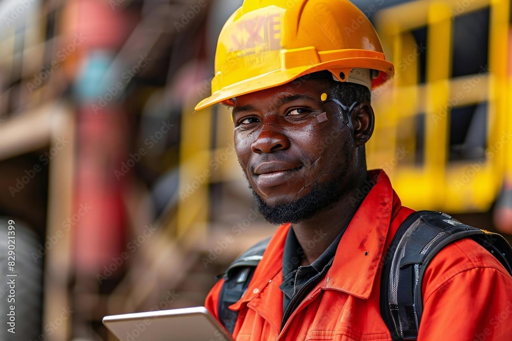 Full body photo of African American miner reviewing emergency ...