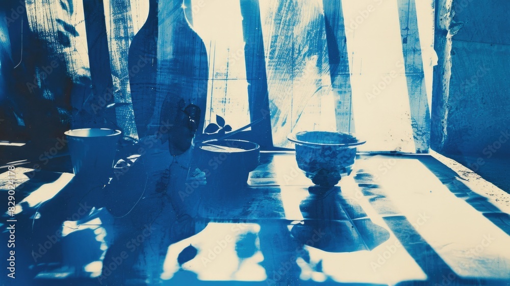 Sunlight exposure on cyanotype paper, capturing the silhouettes of ...
