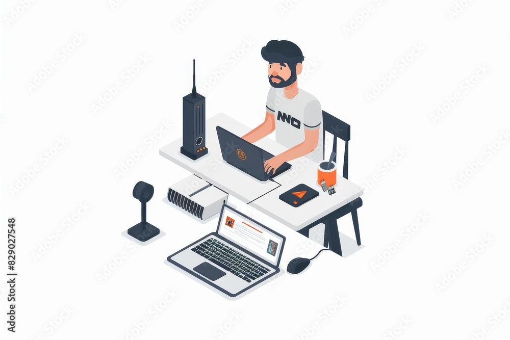 Man in a digital hub surrounded by virtual connections, portraying the ...