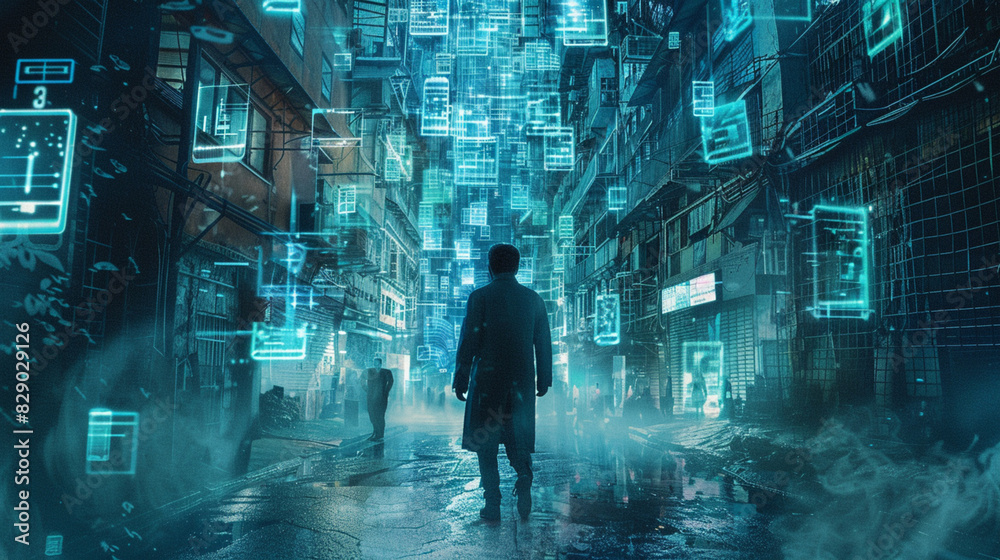 concept art of man walking in the cyber city, dystopia futuristic city ...